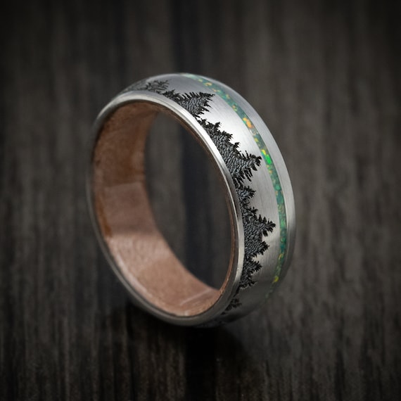 Titanium and Opal Ring with Tree Design and Wood Sleeve Custom | Etsy