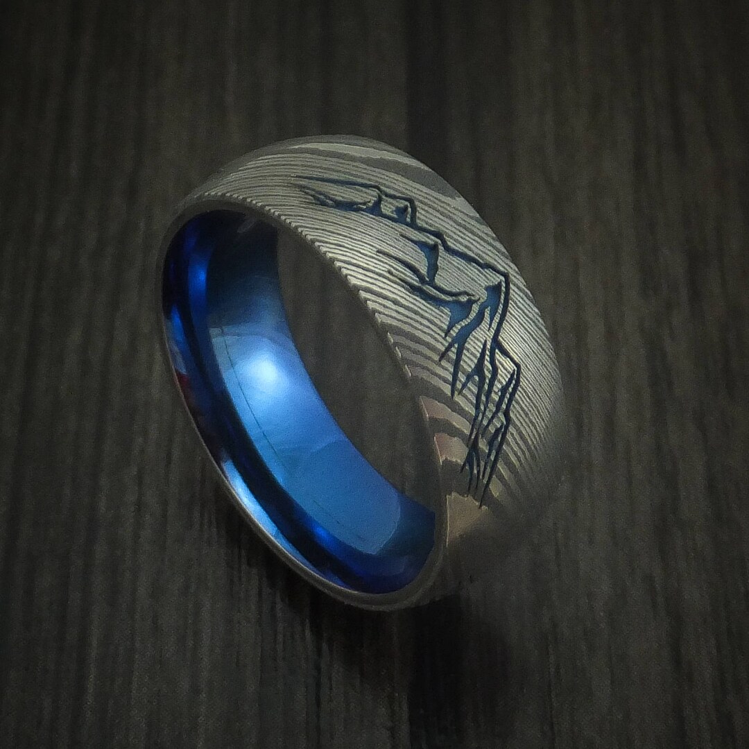 Damascus Steel Men's Ring With Mountain Range and Anodized Titanium ...