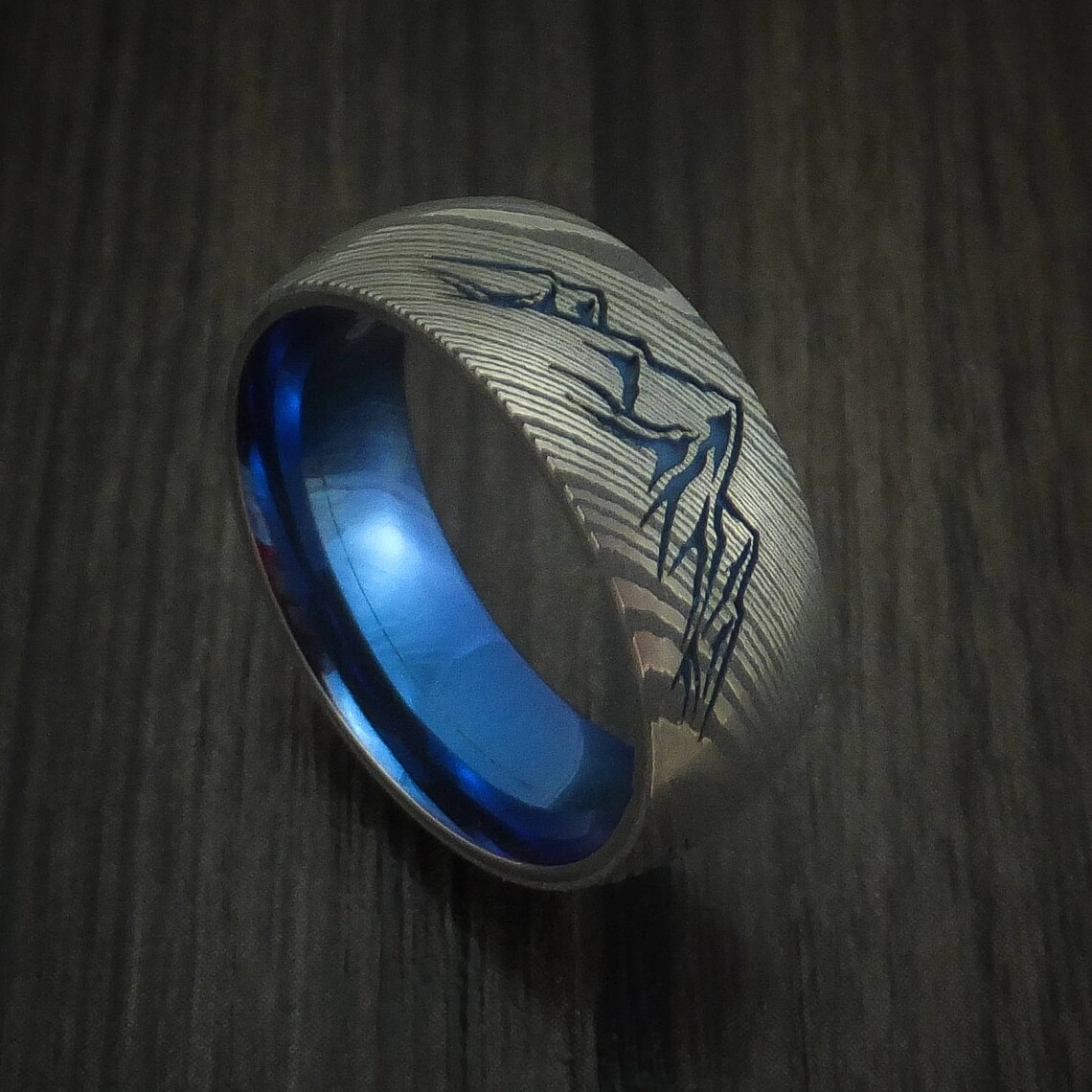 Damascus Steel Men's Ring With Mountain Range and Anodized - Etsy