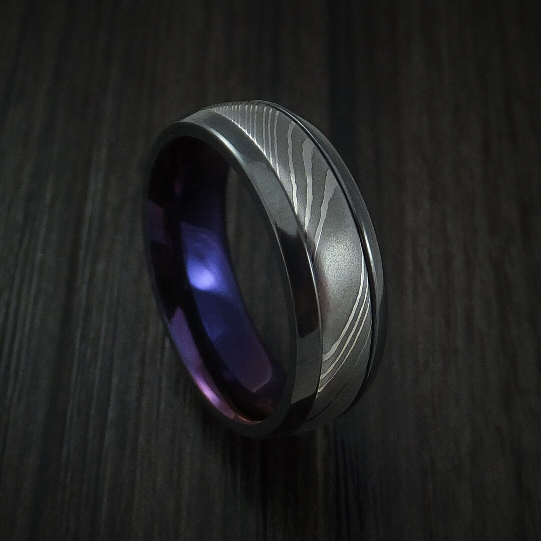 Black Zirconium and Damascus Steel Band With Anodized Interior Custom ...