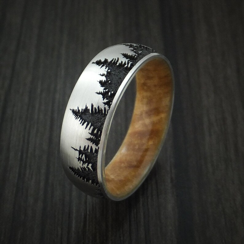 Titanium Ring With Tree Design and Maple Burl Hardwood Sleeve Custom ...