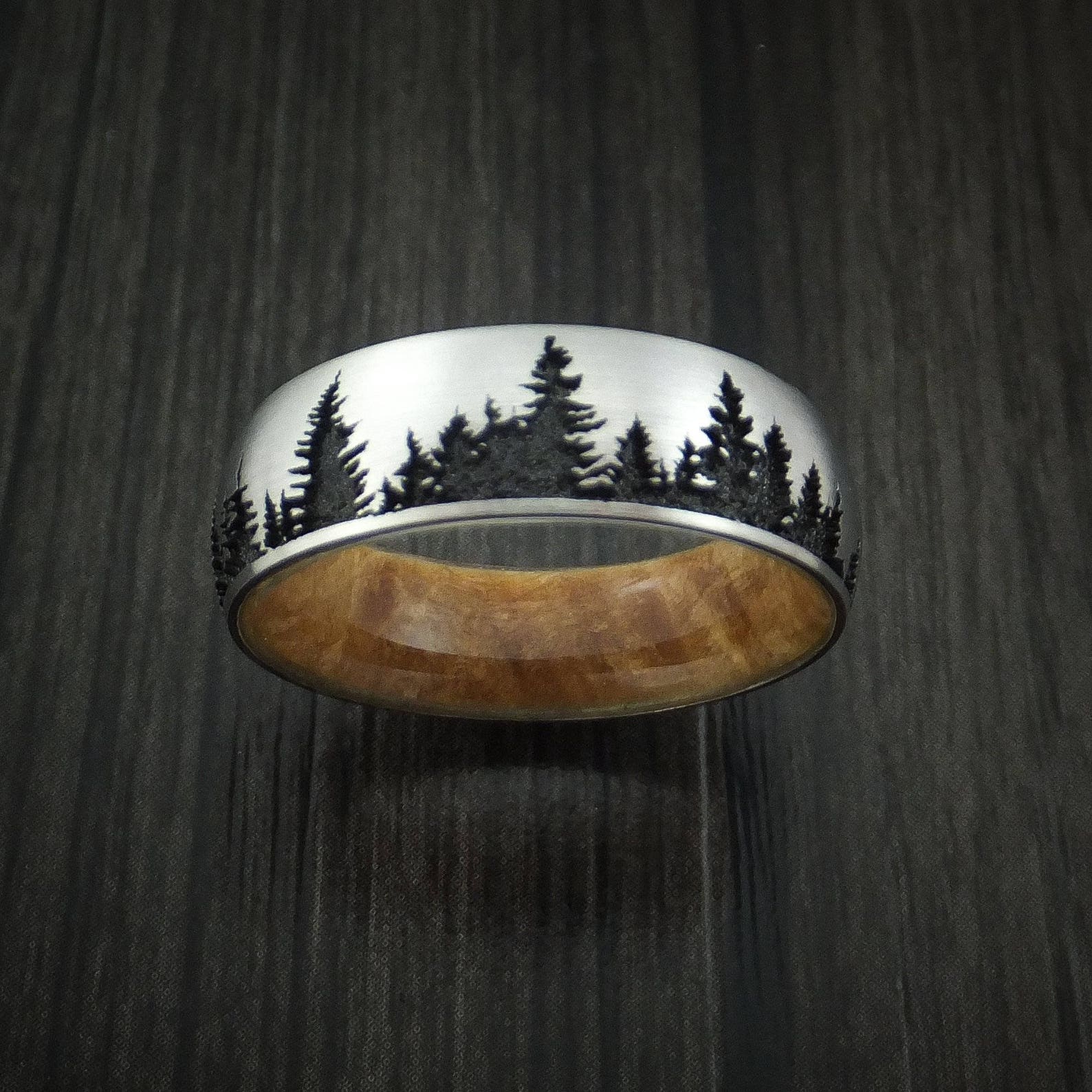 Titanium Ring With Tree Design and Maple Burl Hardwood Sleeve - Etsy