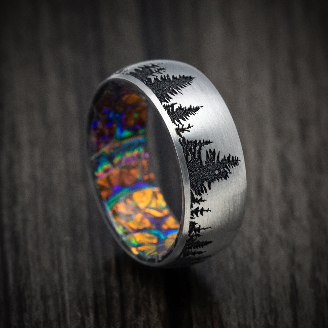 Titanium and Pine Tree Design Band With Dichrolam Sleeve Ring Custom ...