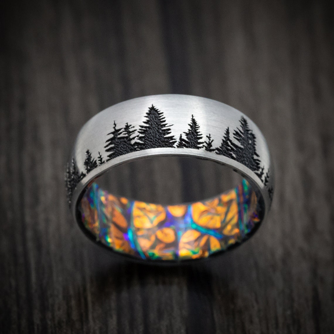Titanium and Pine Tree Design Band With Dichrolam Sleeve Ring - Etsy