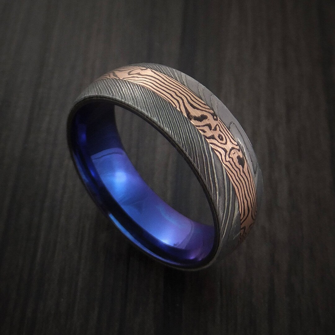 Damascus and 14k Rose Gold Mokume Gane Ring With Anodized Titanium ...