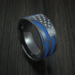 Black Zirconium and Cerakote Thin Blue Line Police Ring Custom - Etsy