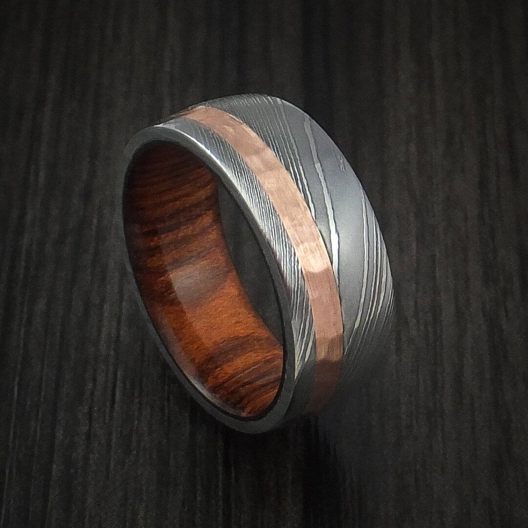 Damascus Steel and Hammered Copper Ring With Cocobolo Hardwood Sleeve ...