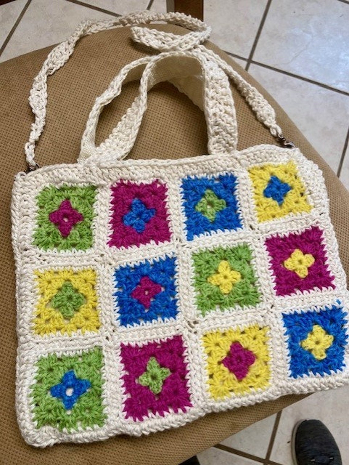 Adorable Multi-colored Granny Squares Hand Crocheted Tote Bag or Purse ...