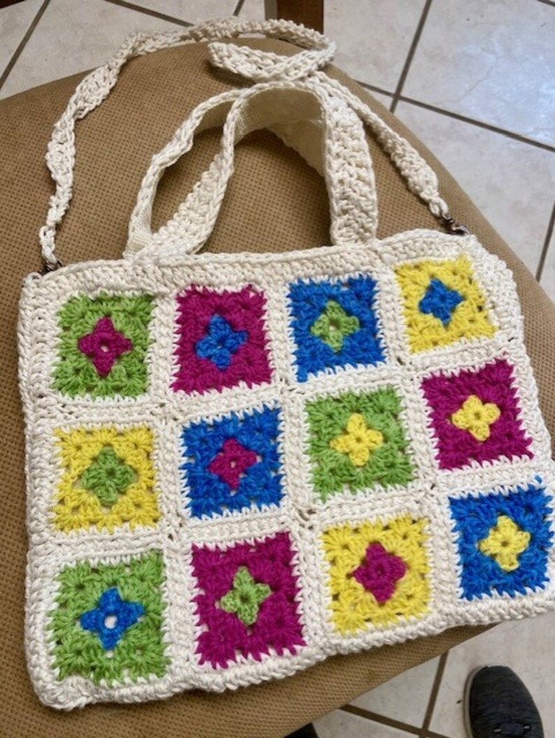 Adorable Multi-colored Granny Squares Hand Crocheted Tote Bag or Purse ...
