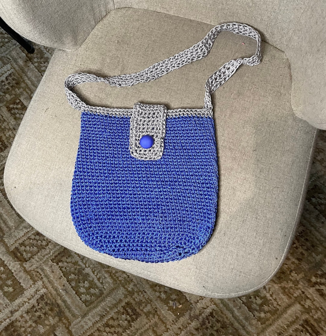 Hand Crochet Purse, Small Size, Crossbody, Blue With Gray Trim, Made ...