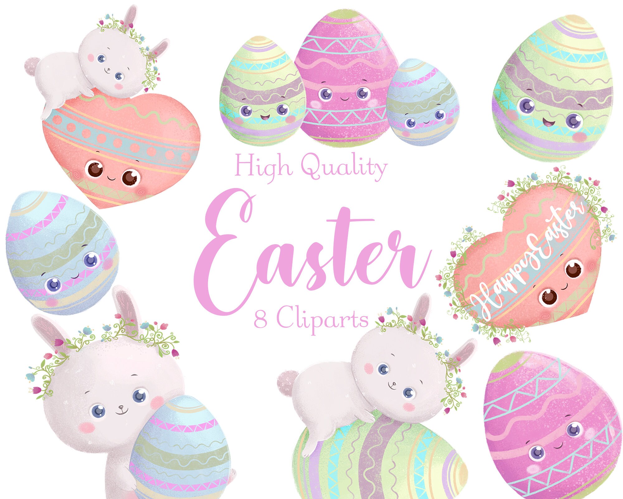 Cute Easter Cliparts • Easter Eggs Stickers • Easter Bunny PNG • Spring ...