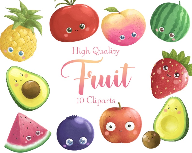 Cute Fruit Cliparts • Healthy Food Stickers • Veggie Food PNG • Freshly ...