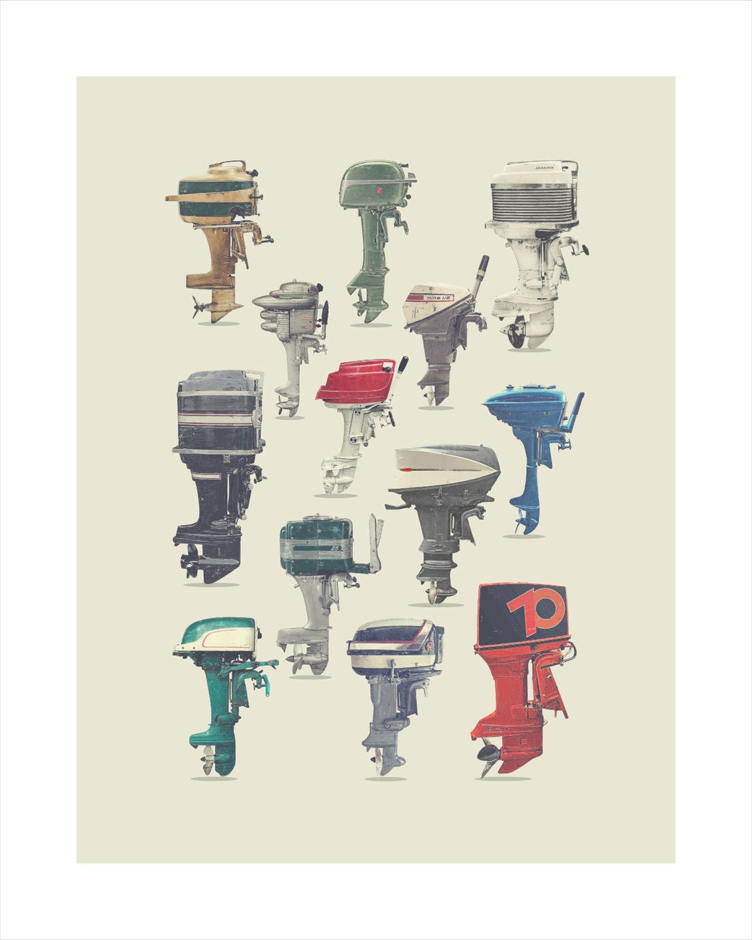 V2 Assorted Vintage Outboard Boat Motors: Cool Retro Art Print for the ...