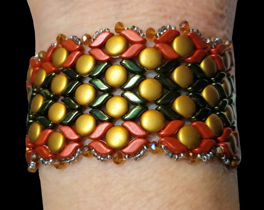 Emerald and Ruby Riverbed Bracelet, Bead Weaving Jewelry, Peyote Stitch Handwoven Beaded Cuff ...