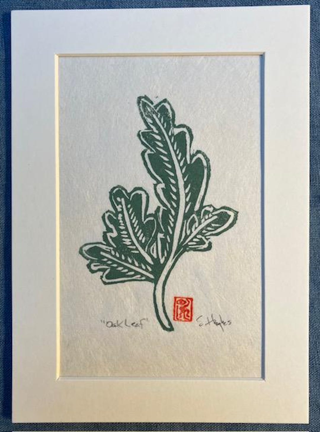 Oak Leaf, Small Matted Linocut Print, Green Leaf, Nature Lover, Leaves ...