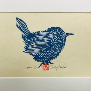Blue Wren Wren, Original Linocut, Hand-pulled Print, Jenny Wren, Bird ...