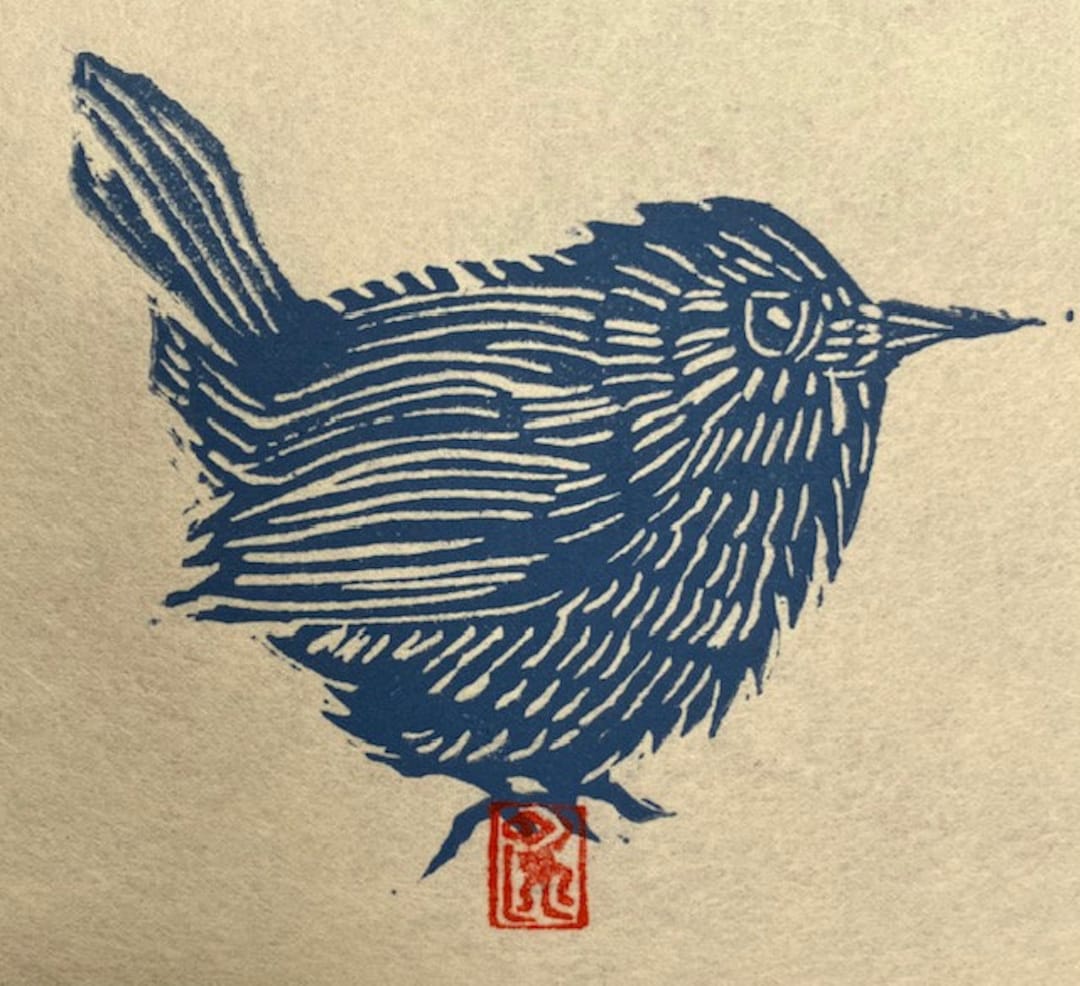 Blue Wren Wren, Original Linocut, Hand-pulled Print, Jenny Wren, Bird ...