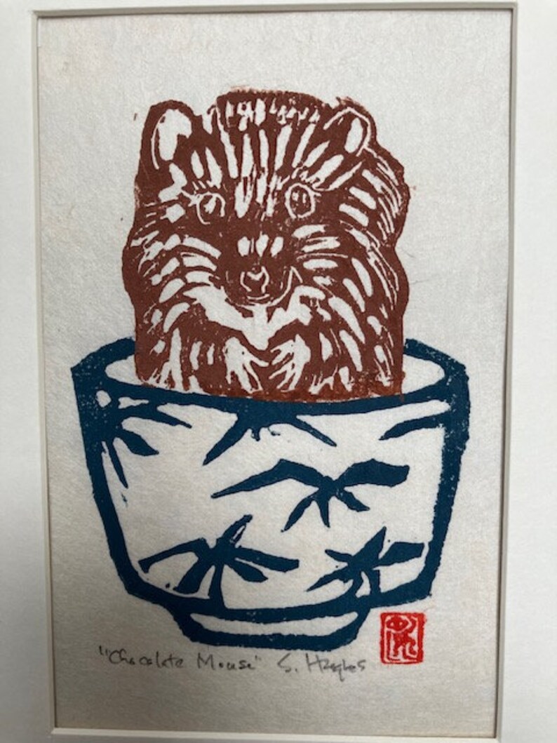 Chocolate Mouse, Mouse Linocut, Mouse in Teacup, Small Work of Art ...