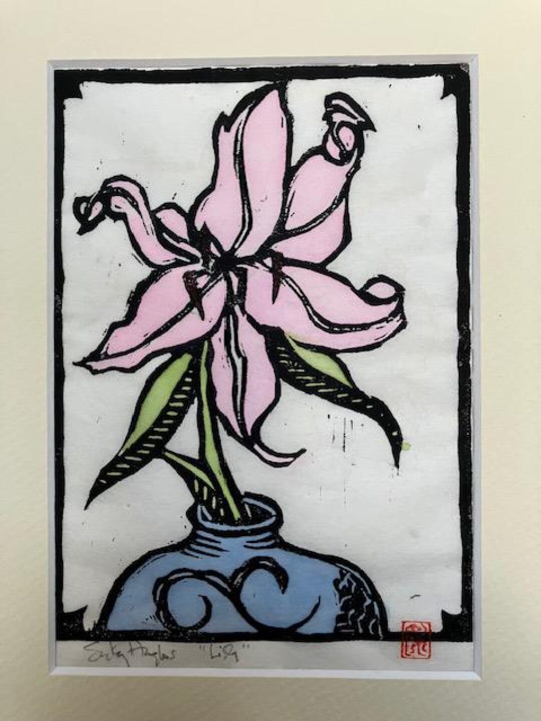 Pink Lily, Flower Linocut, Hand-painted, Original Work of Art, Flower ...