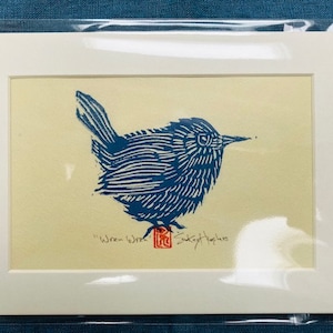 Blue Wren Wren, Original Linocut, Hand-pulled Print, Jenny Wren, Bird ...