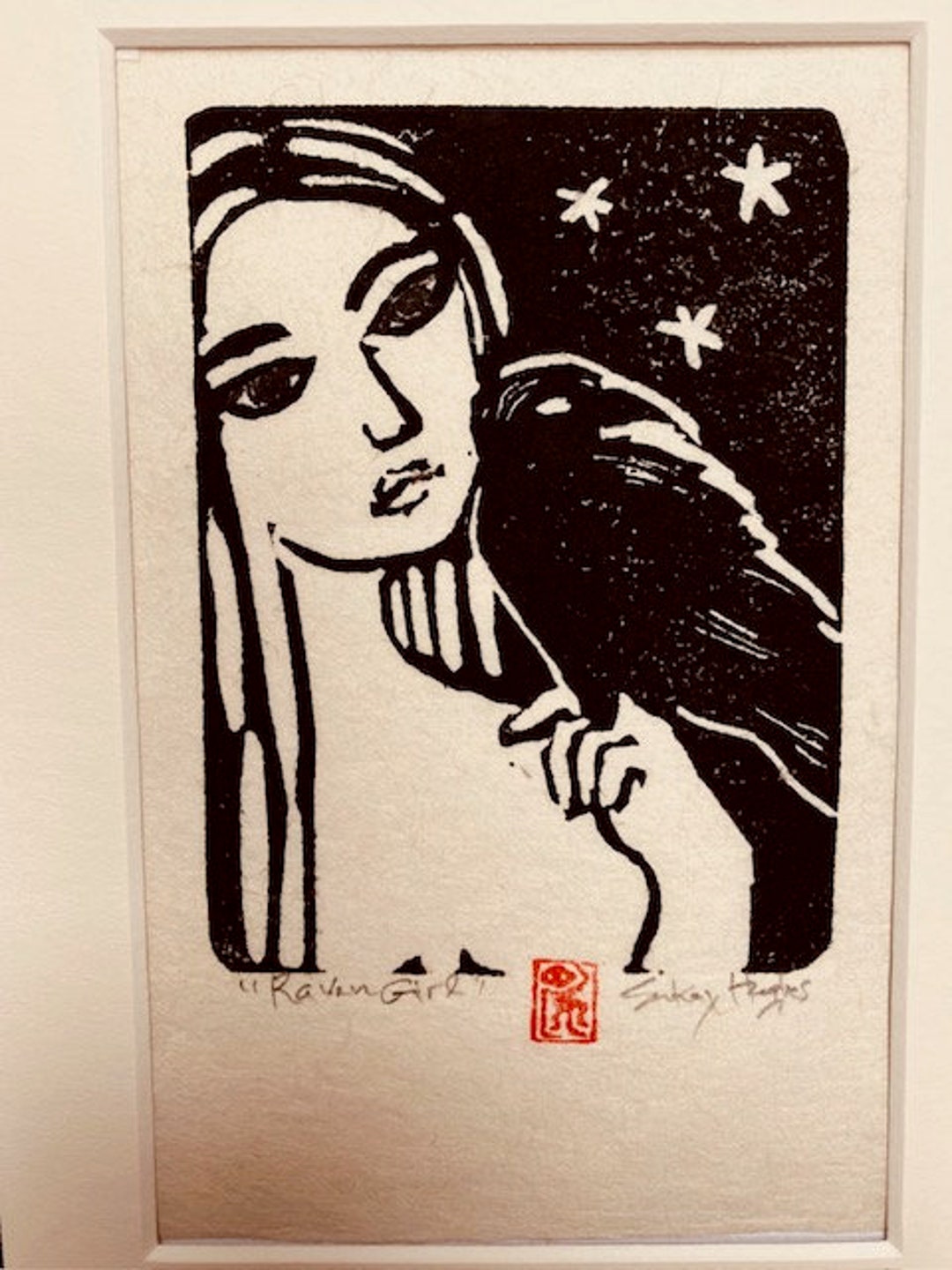 Raven Girl, Original Block Print, Bird Lover, OOAK Art, Linocut Print ...