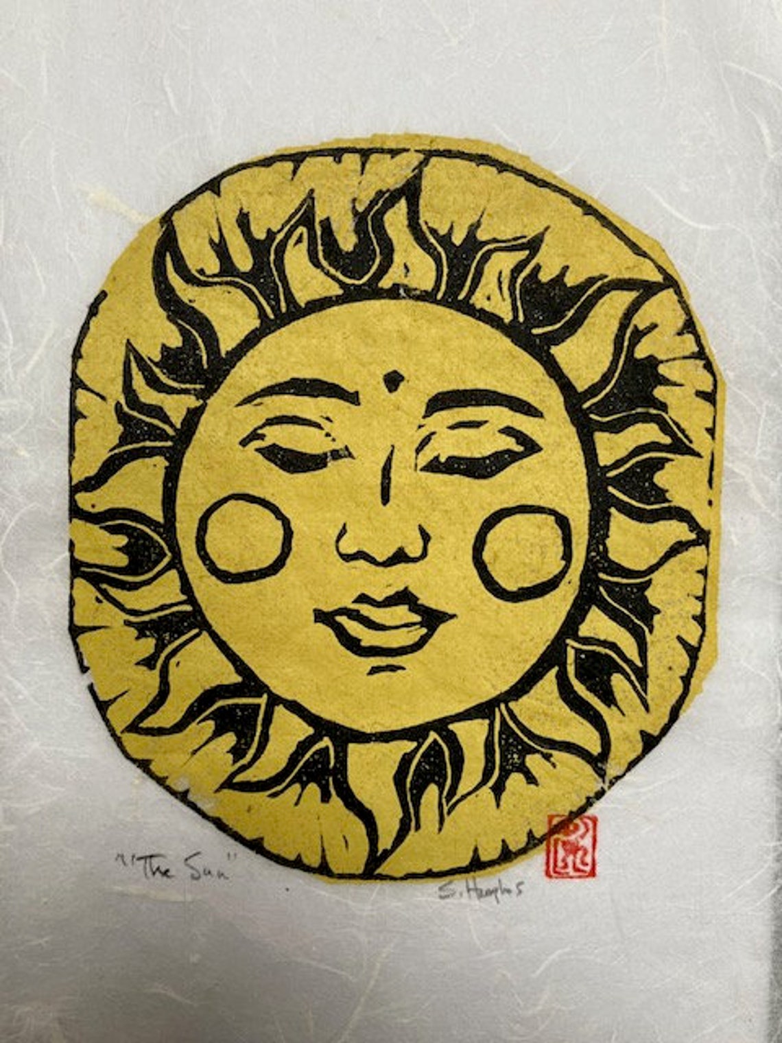 Sun, Original Linocut, Serene Sun Art, Sun Print, Chartreuse Sun ...