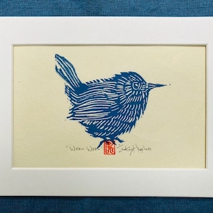 Blue Wren Wren, Original Linocut, Hand-pulled Print, Jenny Wren, Bird ...