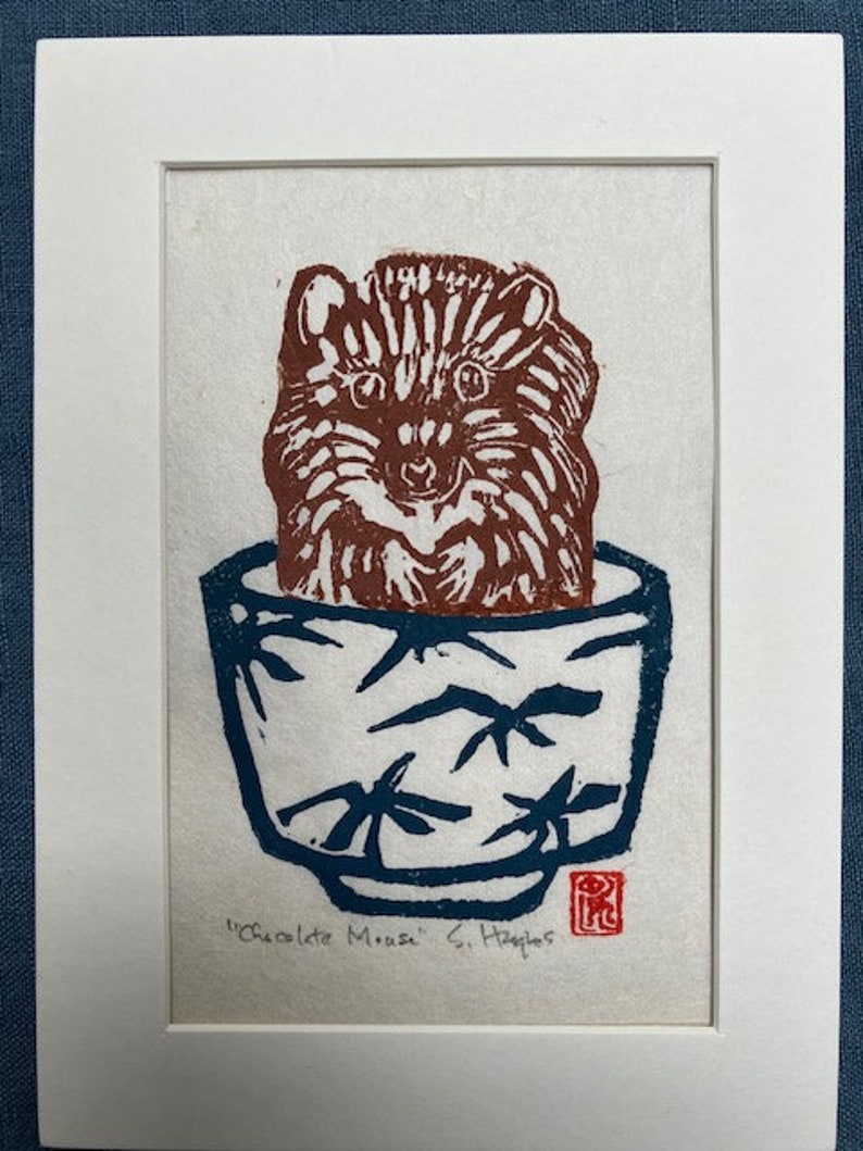 Chocolate Mouse, Mouse Linocut, Mouse in Teacup, Small Work of Art ...