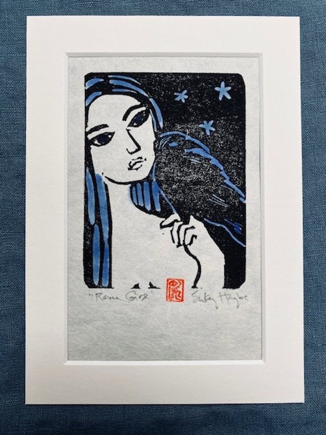 Raven Girl, Original Block Print, Bird Lover, OOAK Art, Linocut Print ...
