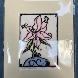 Pink Lily, Flower Linocut, Hand-painted, Original Work of Art, Flower ...