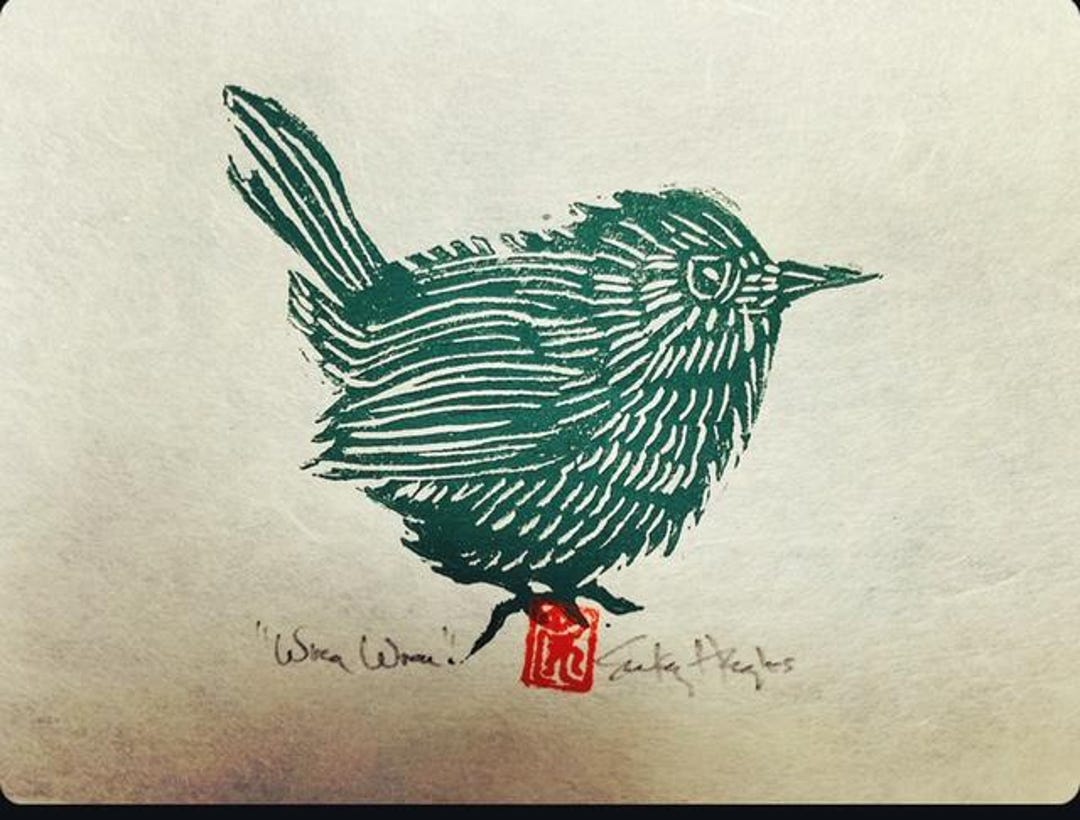 Green Wren Wren, Original Linocut, Hand-pulled Print, Jenny Wren, Bird ...