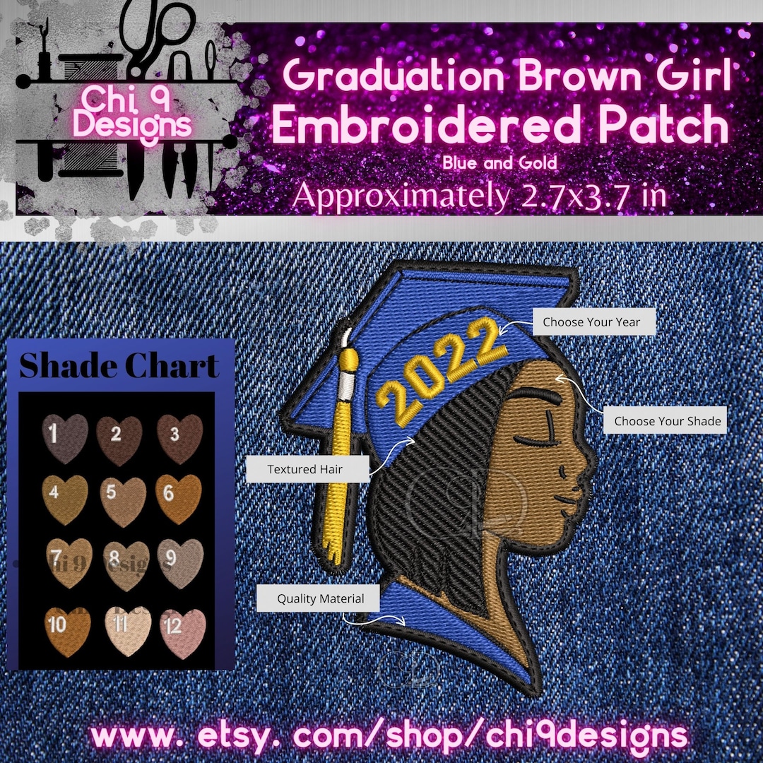 Melanin Graduation Woman Embroidered Patch: Blue & Gold, Iron On/sew On ...