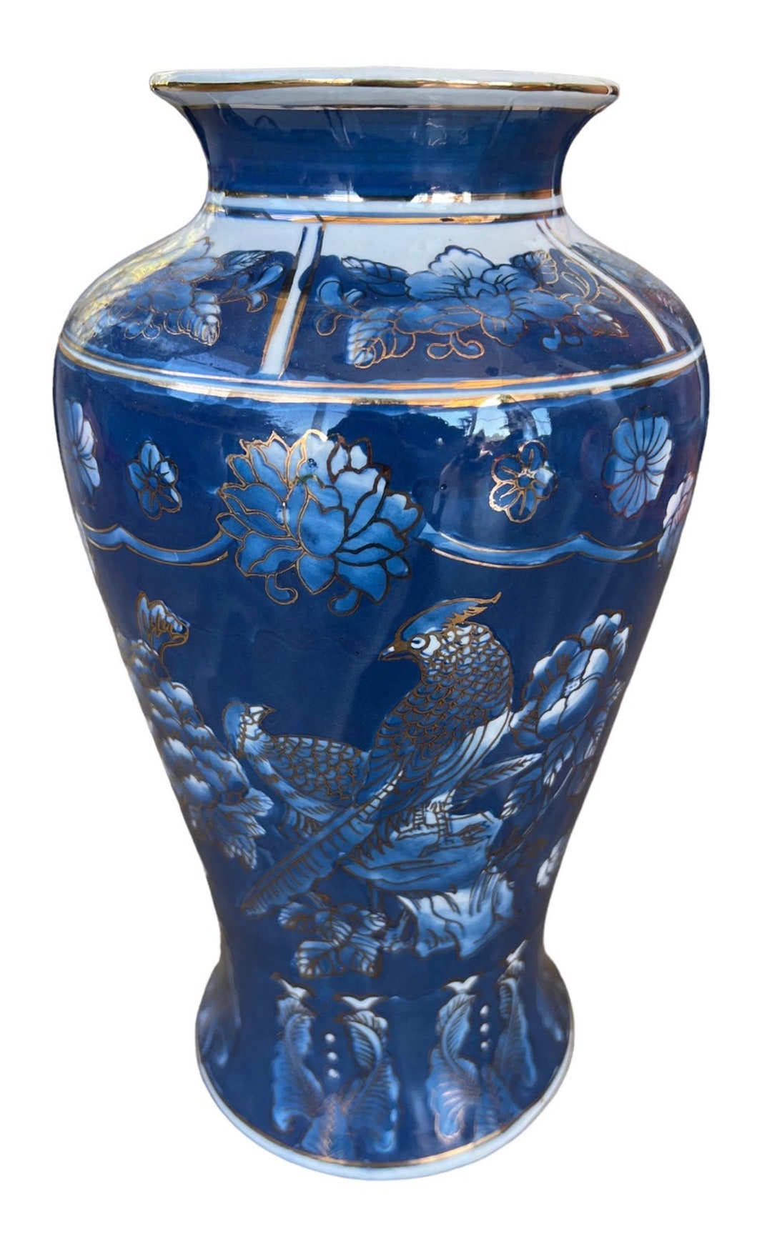 Chinoiserie Vase Blue Gold Floral Asian Birds Hubbard Collection - Etsy