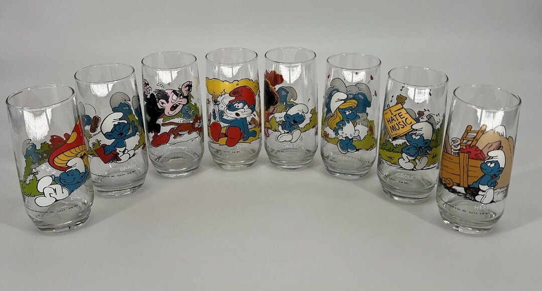 Vintage 1982 Smurf Drinking Glasses Complete Set of 8 Great Condition ...