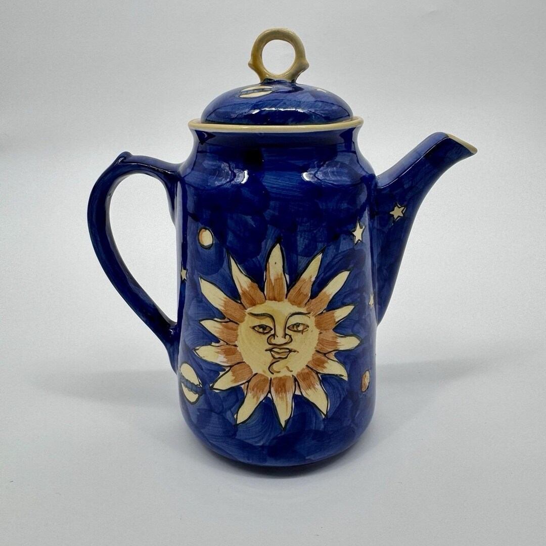 Vintage Celestial Sun Handpainted Teapot Blue Starry Night Sky Ceramic ...