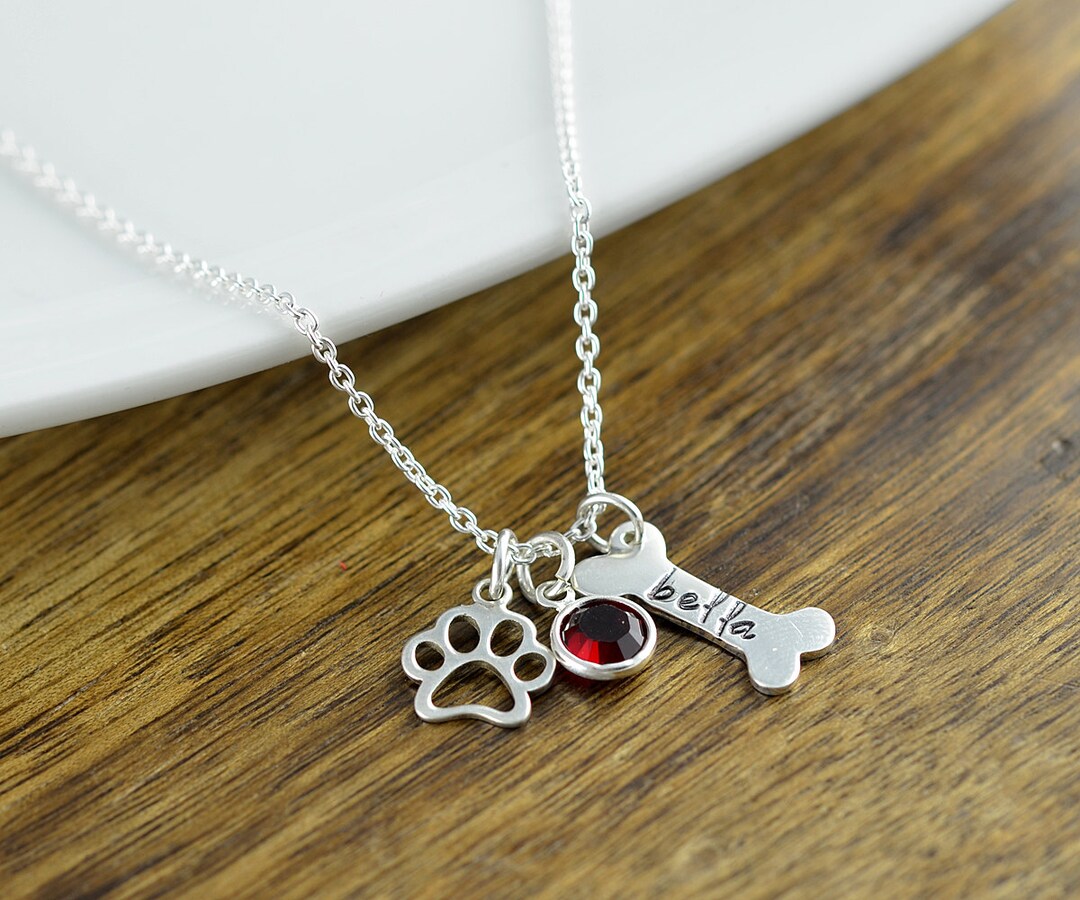 Silver Dog Bone Necklace - Personalized Dog Necklace - Dog Paw Necklace ...