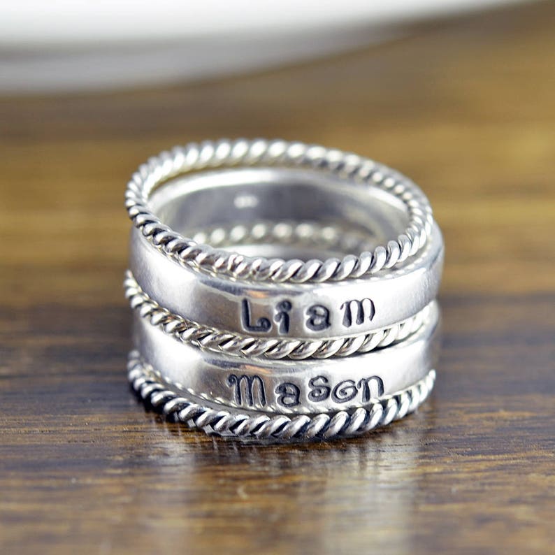 Rings With Names Sterling Silver Stacking Rings Hand Stamped | Etsy