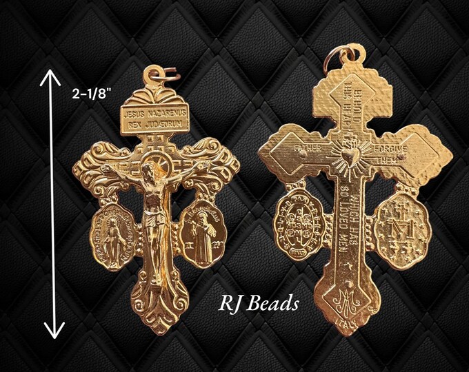 Set of 3 Gold Tone Italian Made Pardon Crucifix Double Sided Rosary ...