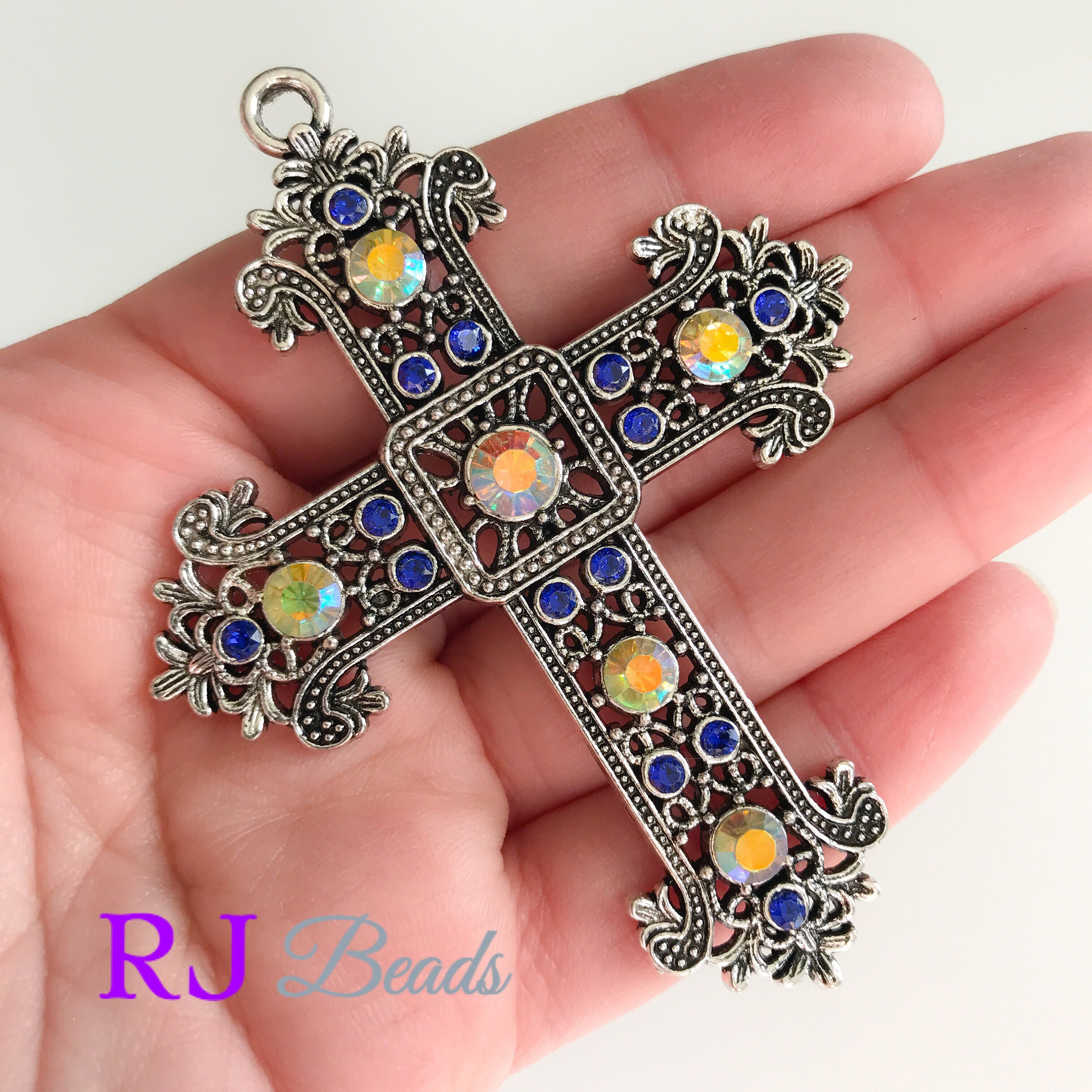 Package of 5 Extra Large Cross Antique Silver Sapphire Blue - Etsy