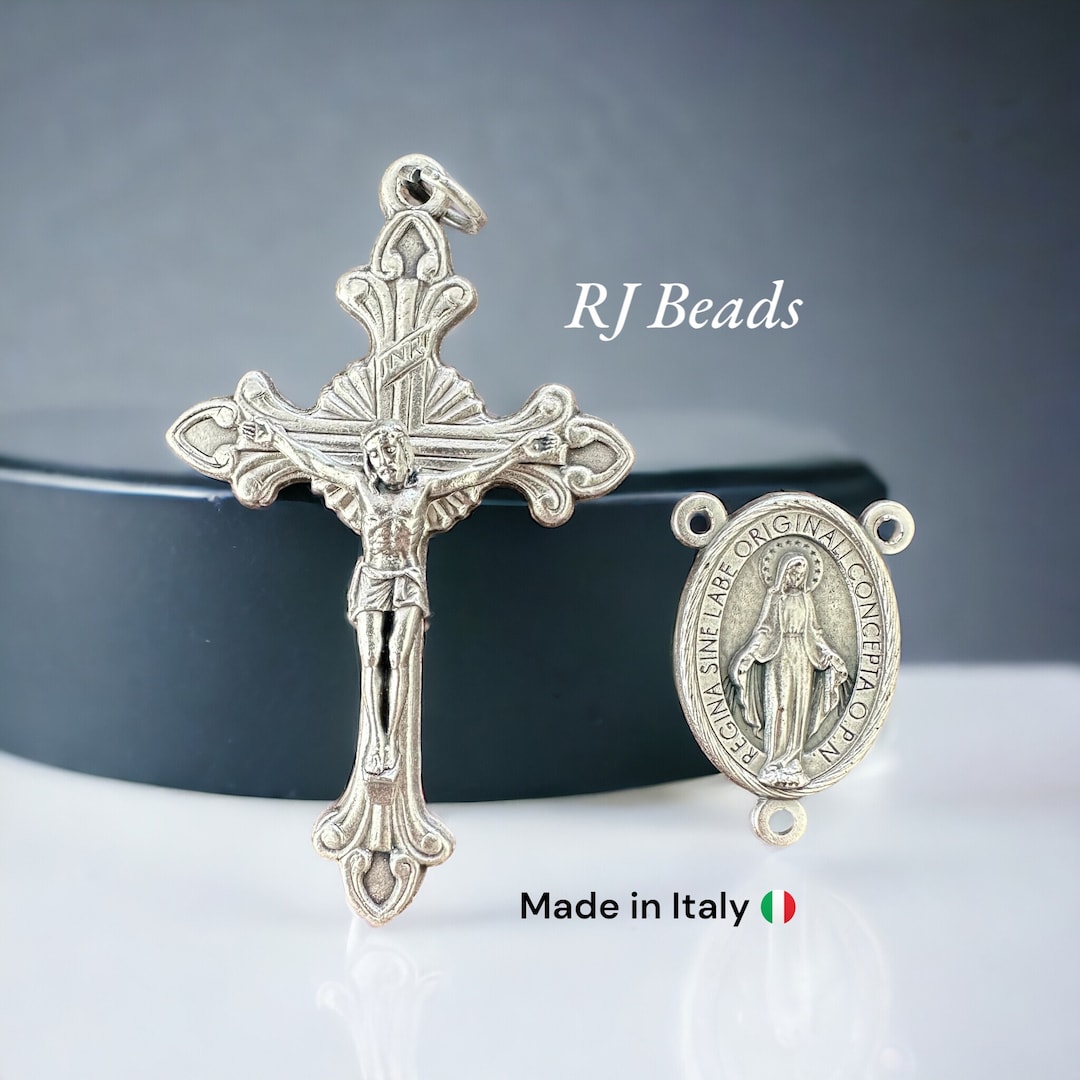 SET · 2-1/8" Silver Flared Sunburst Crucifix Cross + 1" Miraculous ...