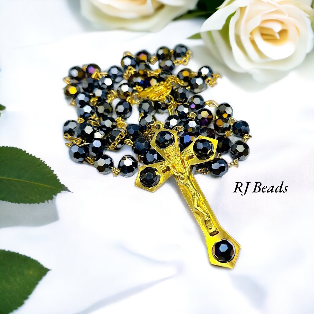 Sparkling Four Evangelist Jet Black Glass Faceted Bead & Gold Prayer ...