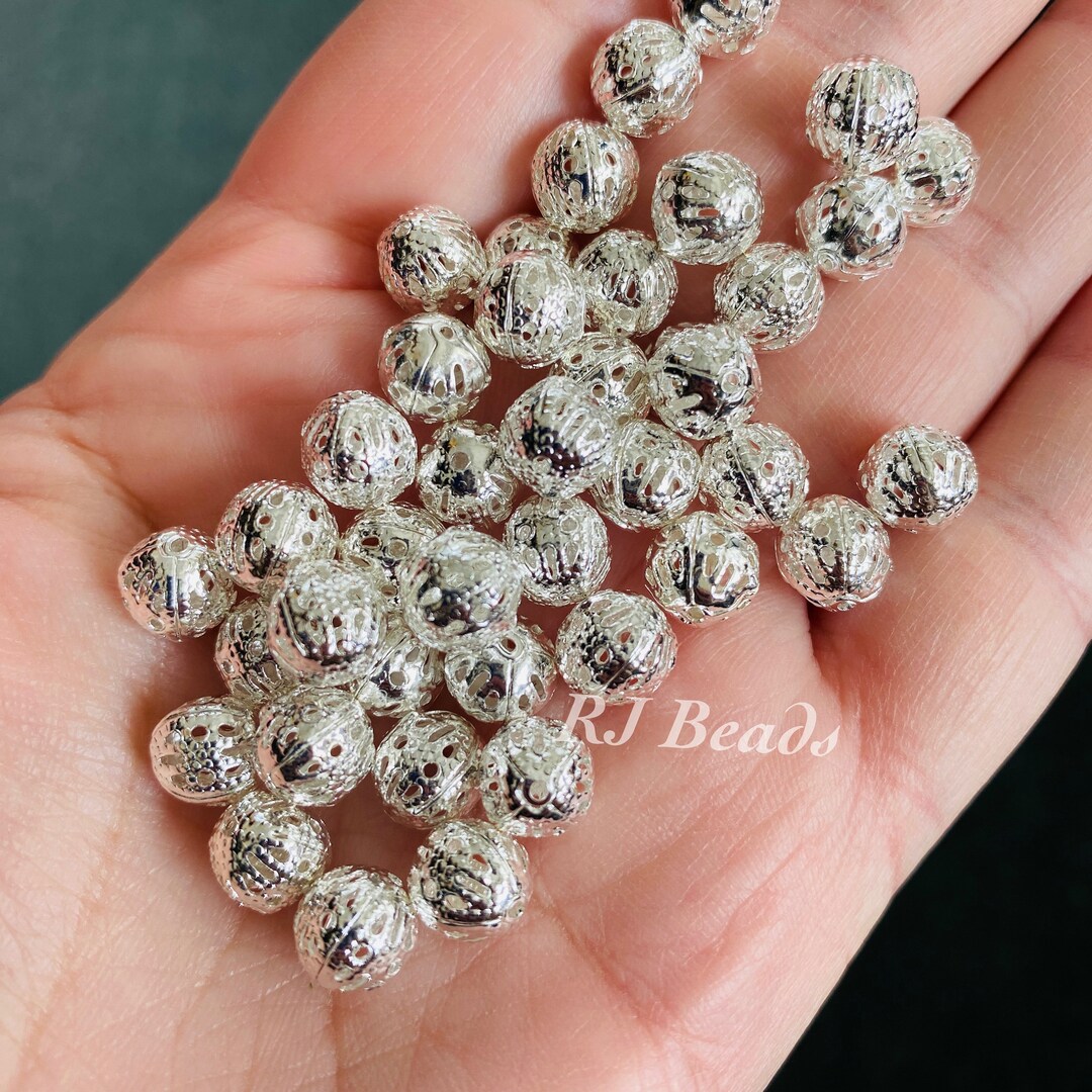 RJ Beads - Package of 200 - 7-8mm Round Silver Filigree Lightweight ...