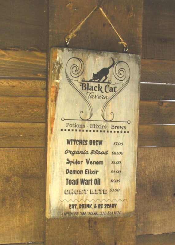 Halloween Bar Sign Rustic Sign Black Cat Tavern Sign | Etsy