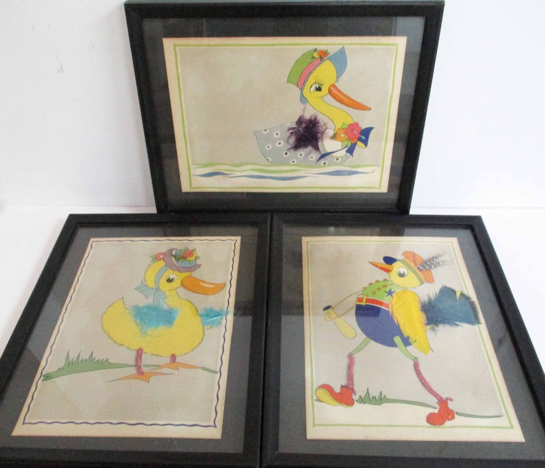 Vintage Framed Prints of Cartoon Ducks With Clothes and Feathers Set of ...