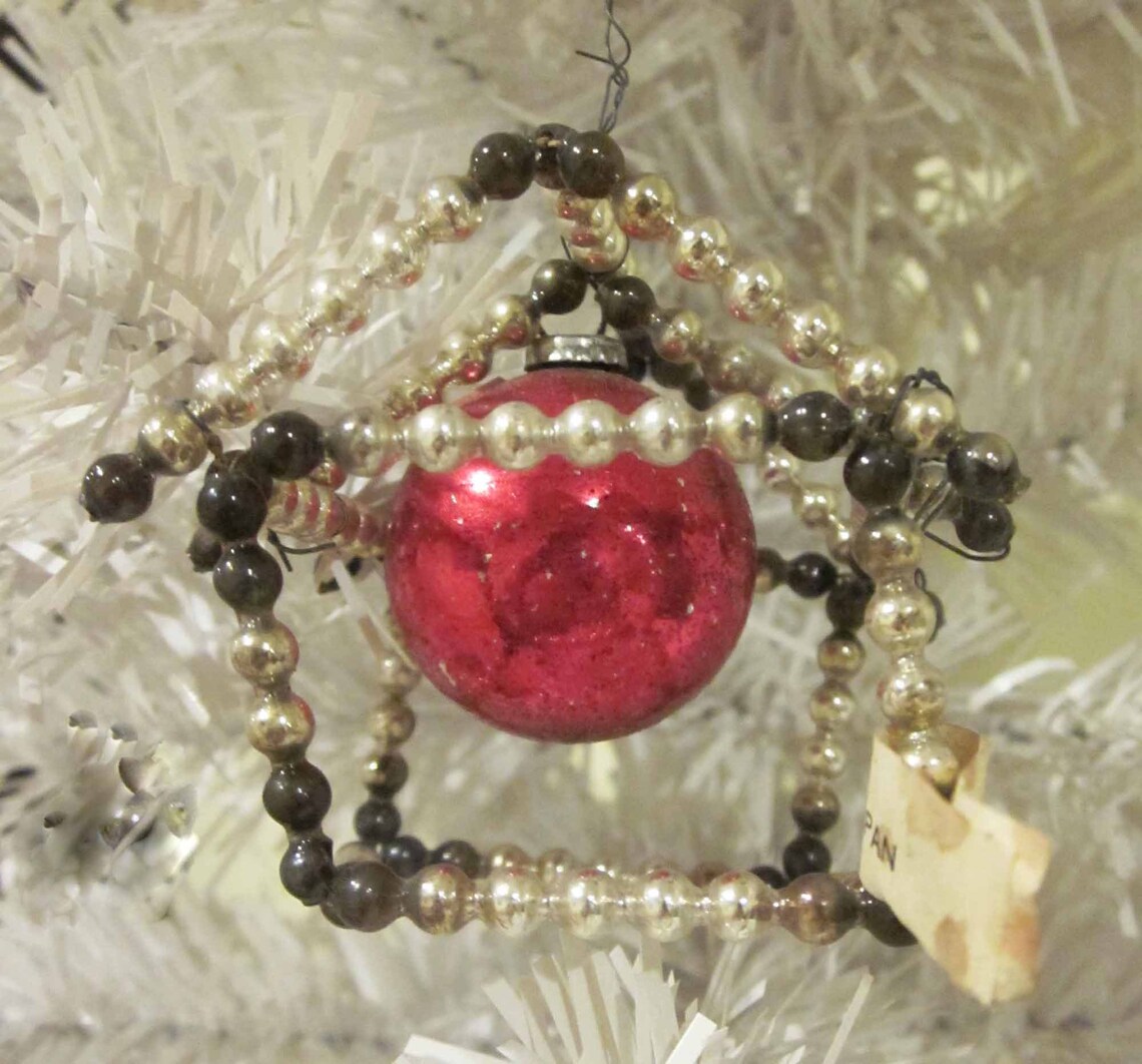 Glass Beaded Christmas Tree Ornament House With Paper Label Made in ...