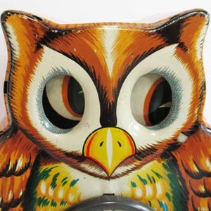 Vintage Tin Litho Japan Owl Mechanical Bank With Clock Face Playthings ...