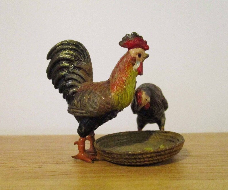Vienna Austria Bronze Rooster and Hen Eating From a Dish Miniature ...