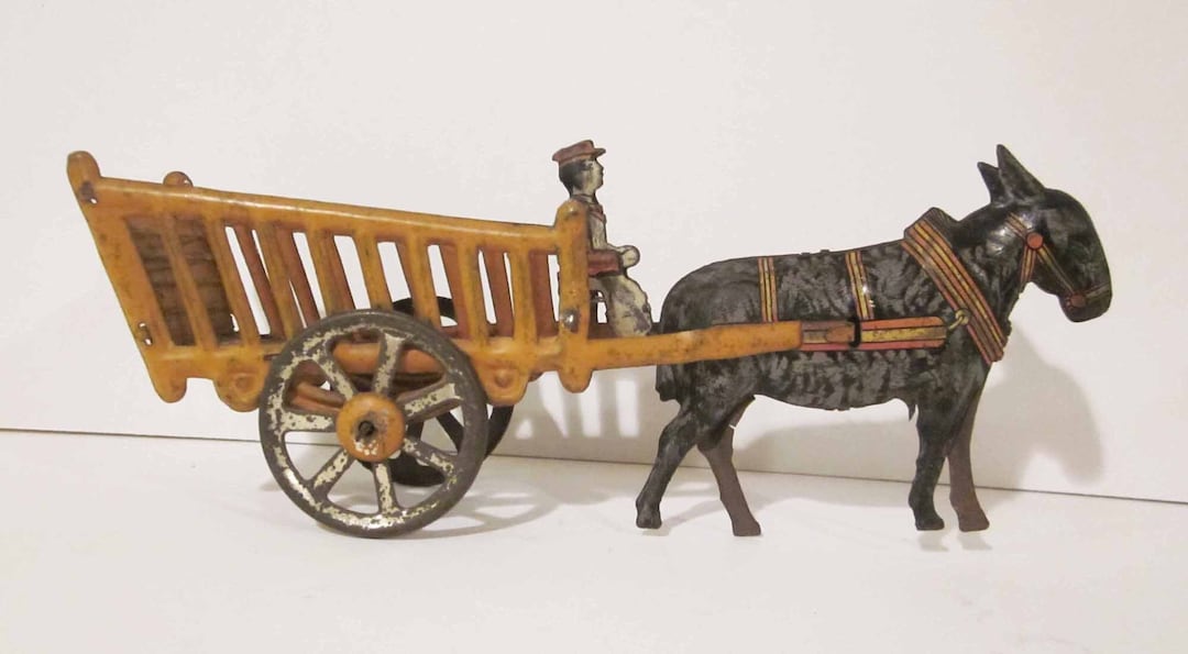 Vintage Germany Tin Litho Nickel or Penny Toy Donkey Pulls a Cart With ...