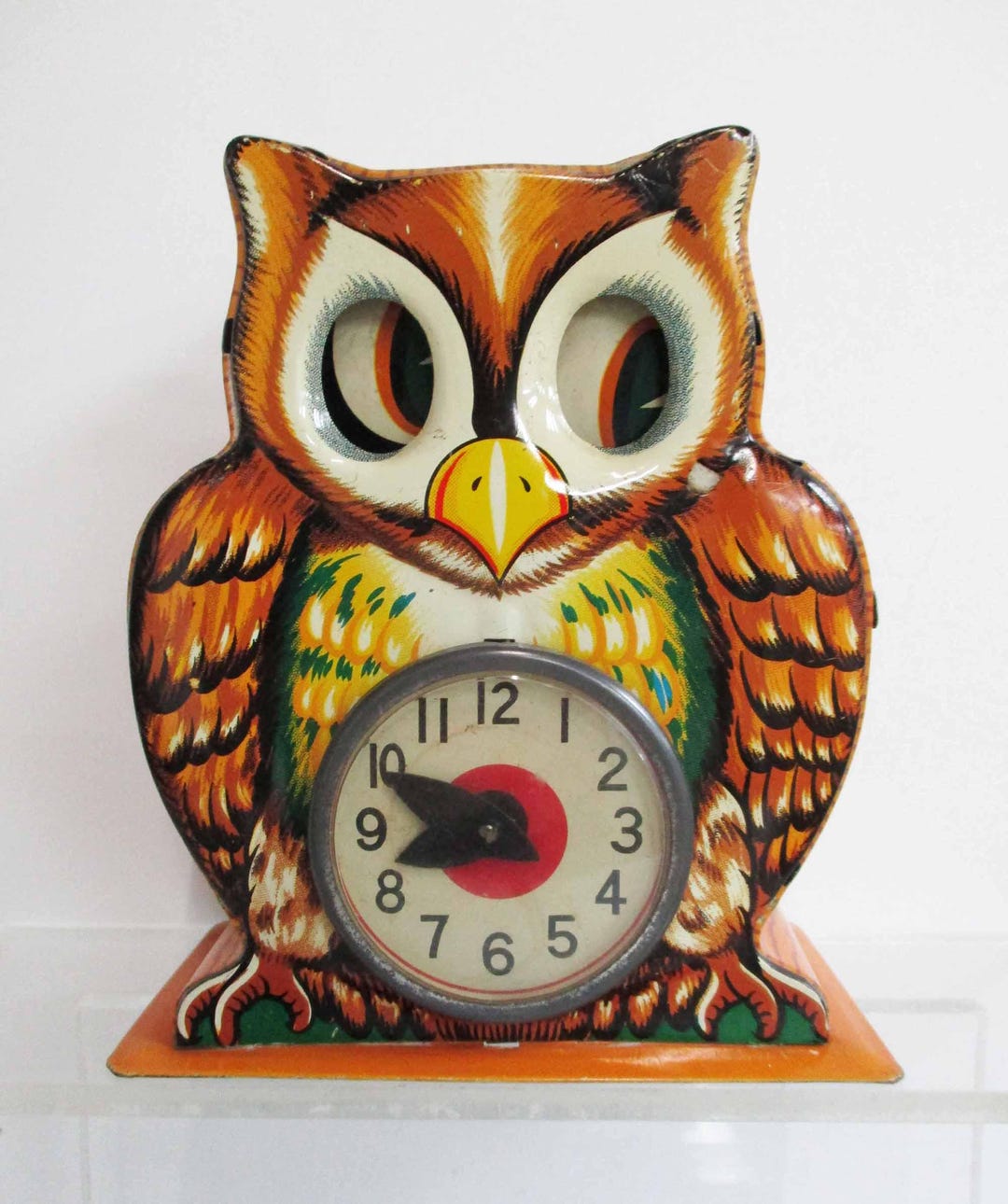 Vintage Tin Litho Japan Owl Mechanical Bank With Clock Face Playthings ...