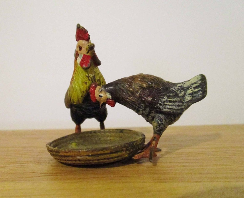 Vienna Austria Bronze Rooster and Hen Eating From a Dish Miniature ...